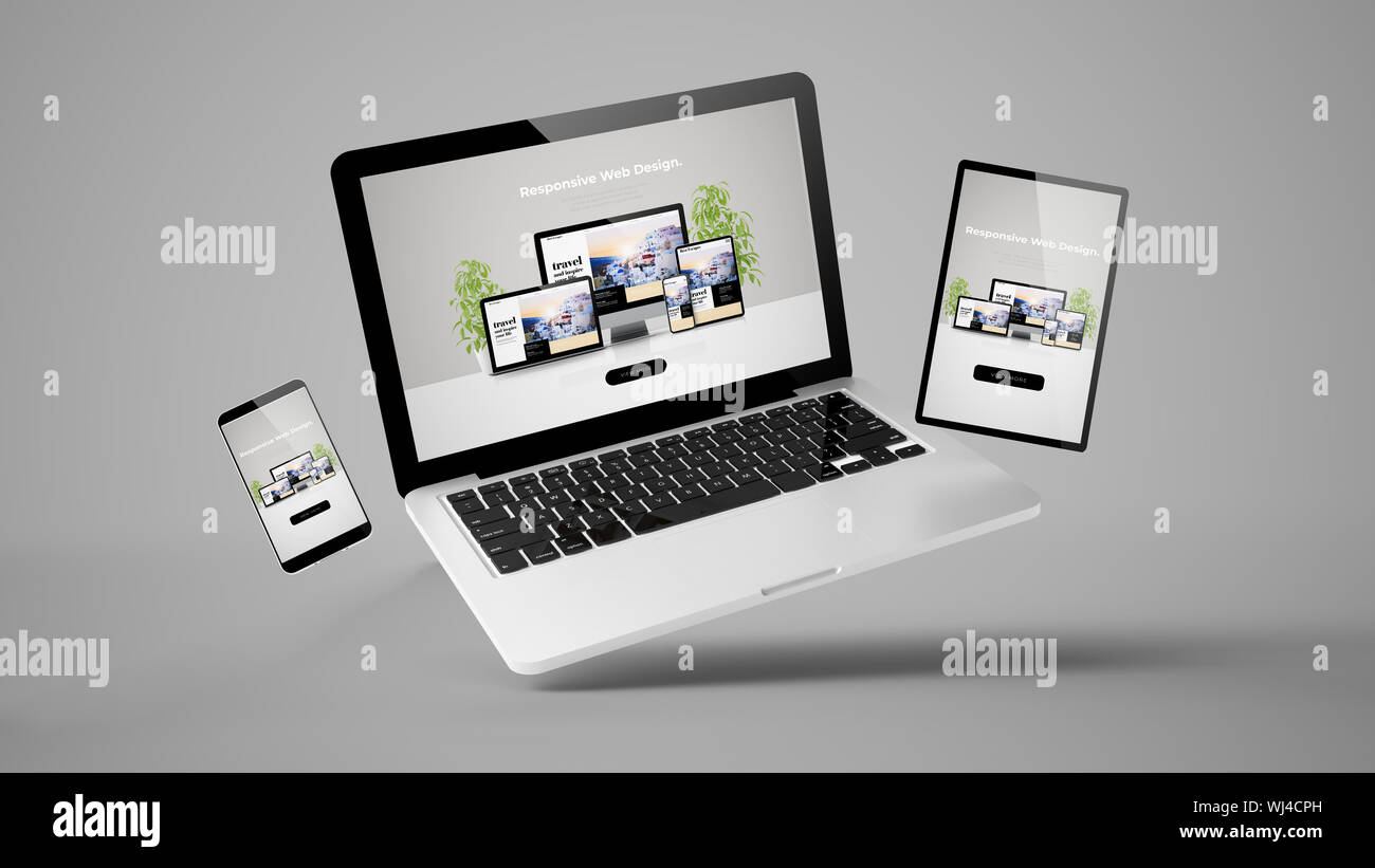 flying laptop, mobile and tablet 3d rendering showing responsive web ...