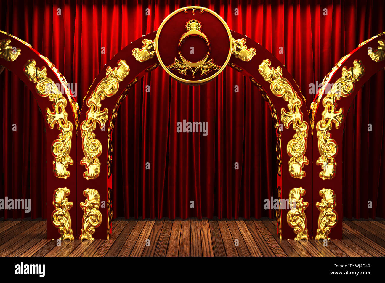 red fabric curtain on golden stage Stock Photo - Alamy