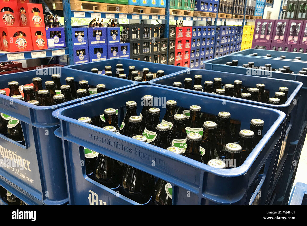 Munich, Deutschland. 03rd Sep, 2019. stacked full beer crates in a ...