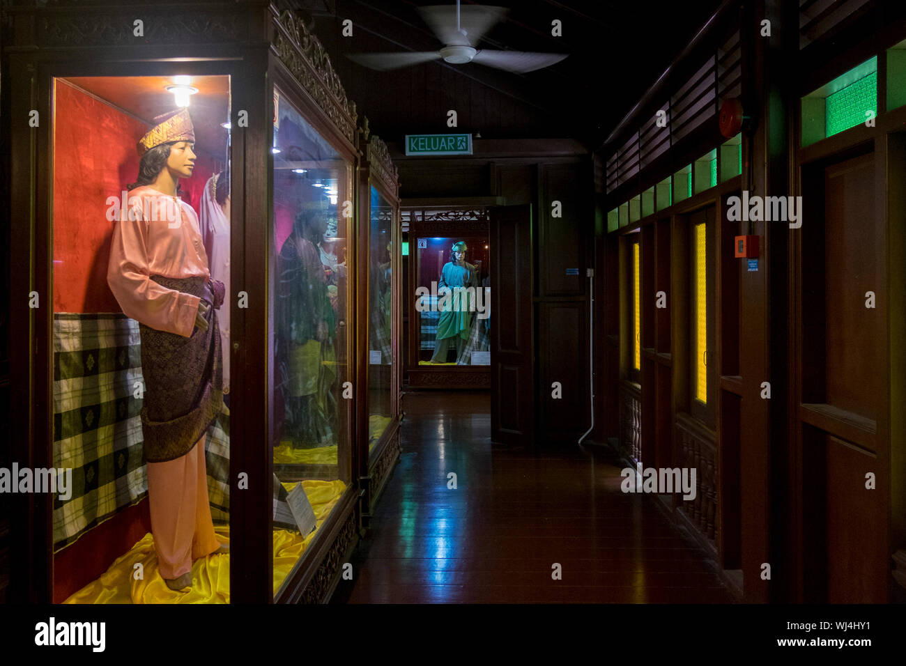 Displays of traditional Malay royalty clothing at the Melaka Sultinate ...