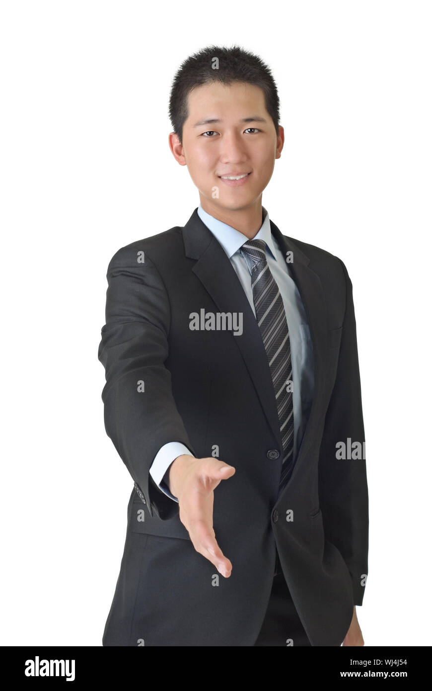 Young business man shake hand, closeup portrait of Asian on white ...