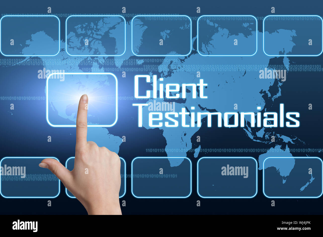 Client Testimonials concept with interface and world map on blue ...