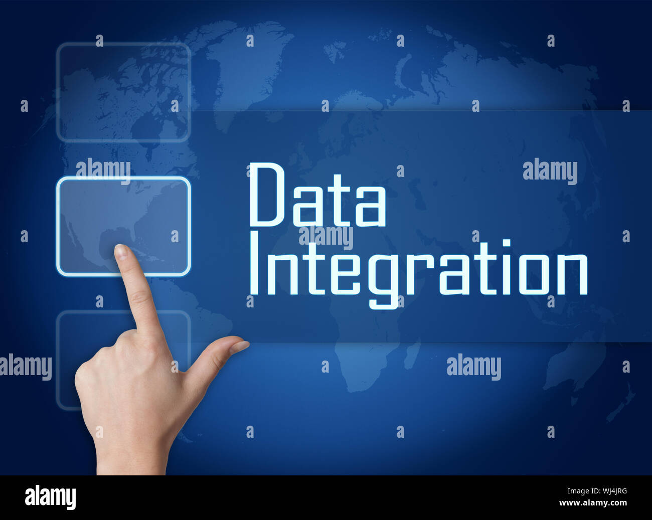 Data Integration concept with interface and world map on blue ...