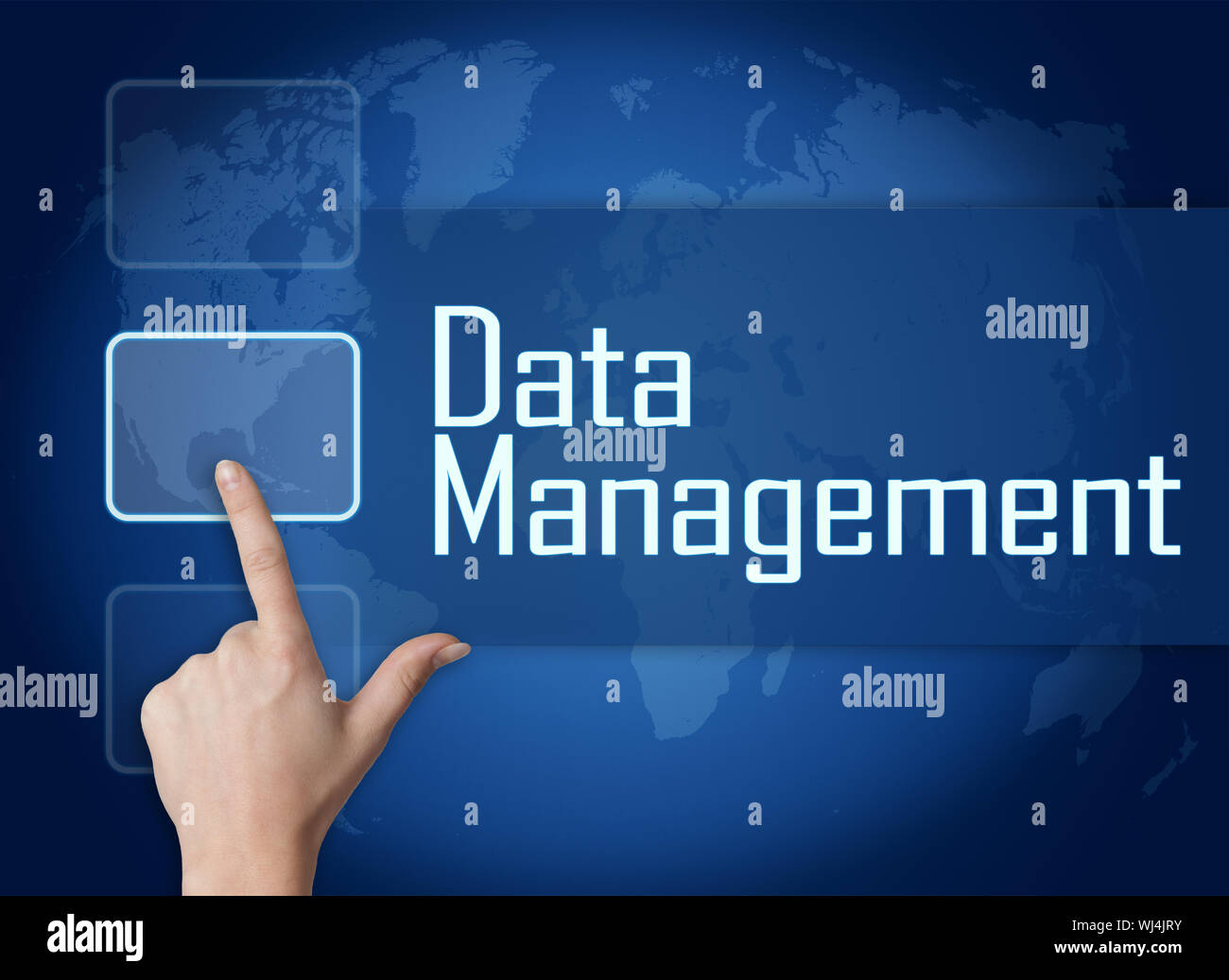 Data Management concept with interface and world map on blue background ...