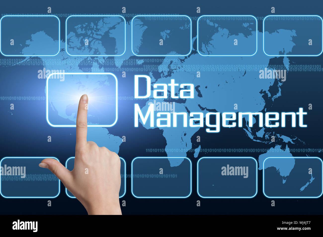 Data Management concept with interface and world map on blue background ...