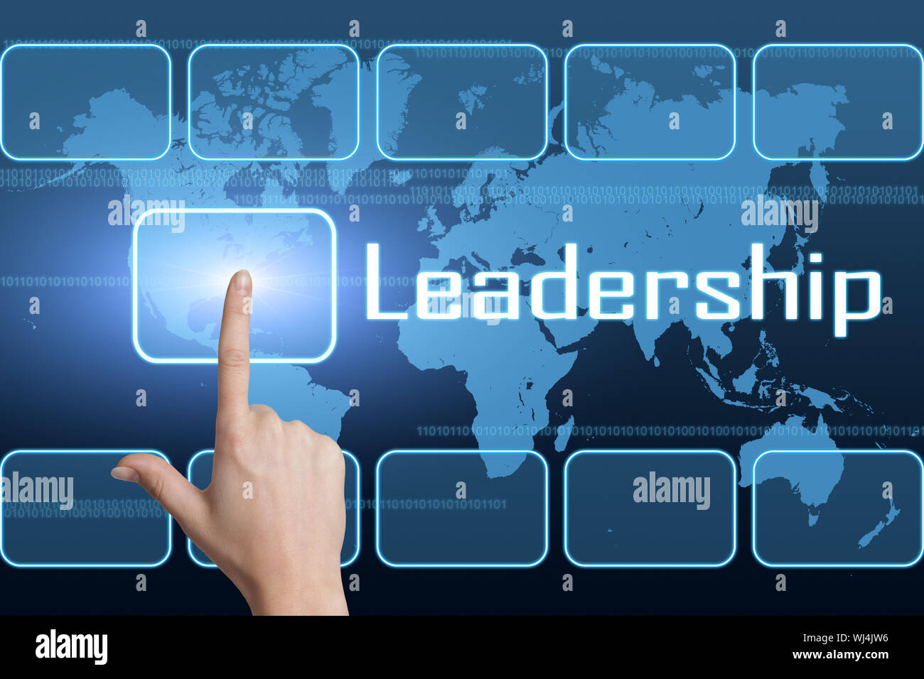 Leadership concept with interface and world map on blue background ...