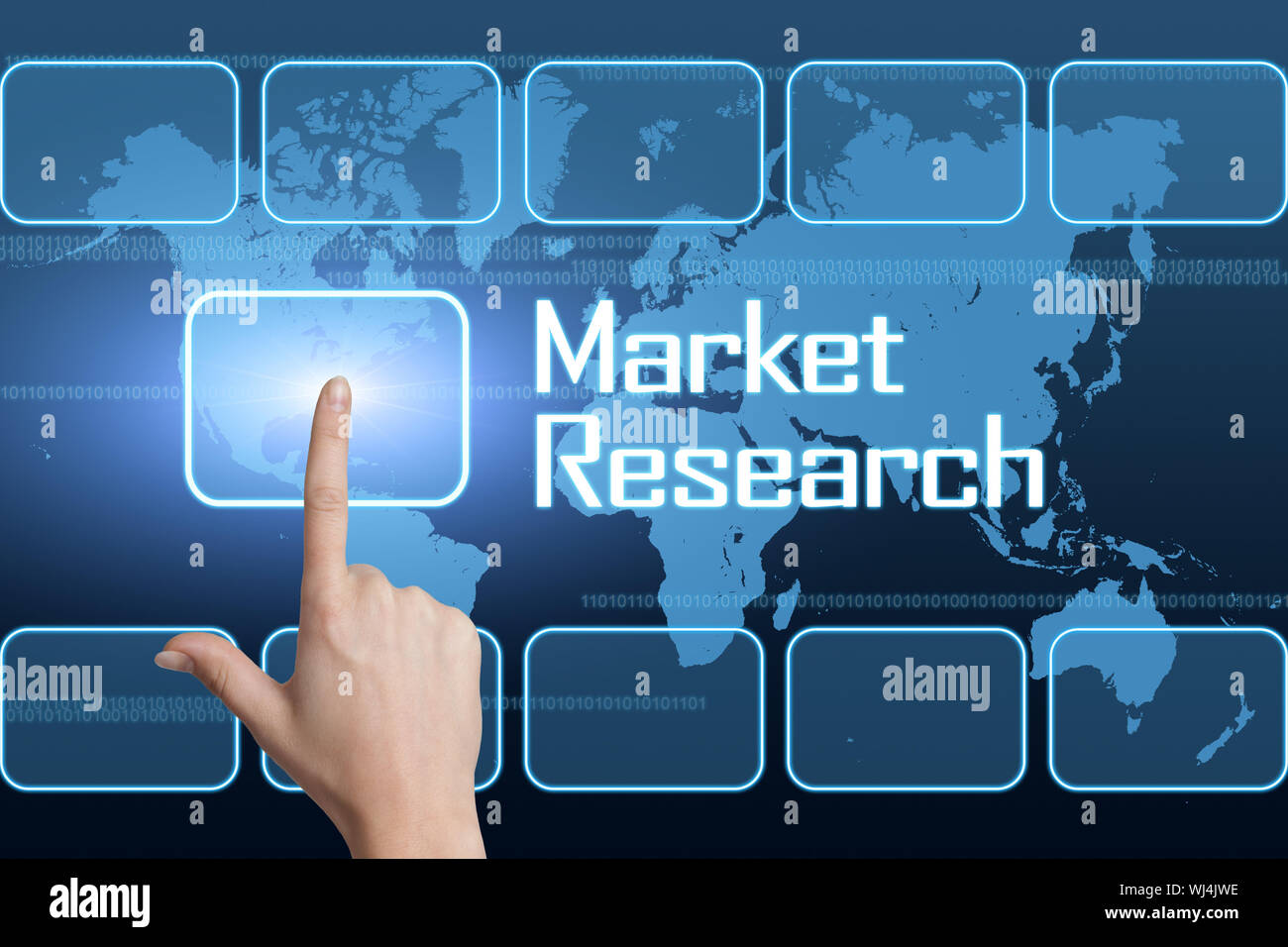 Market Research concept with interface and world map on blue background ...