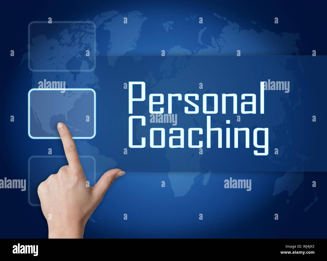 Personal Coaching concept with interface and world map on blue ...