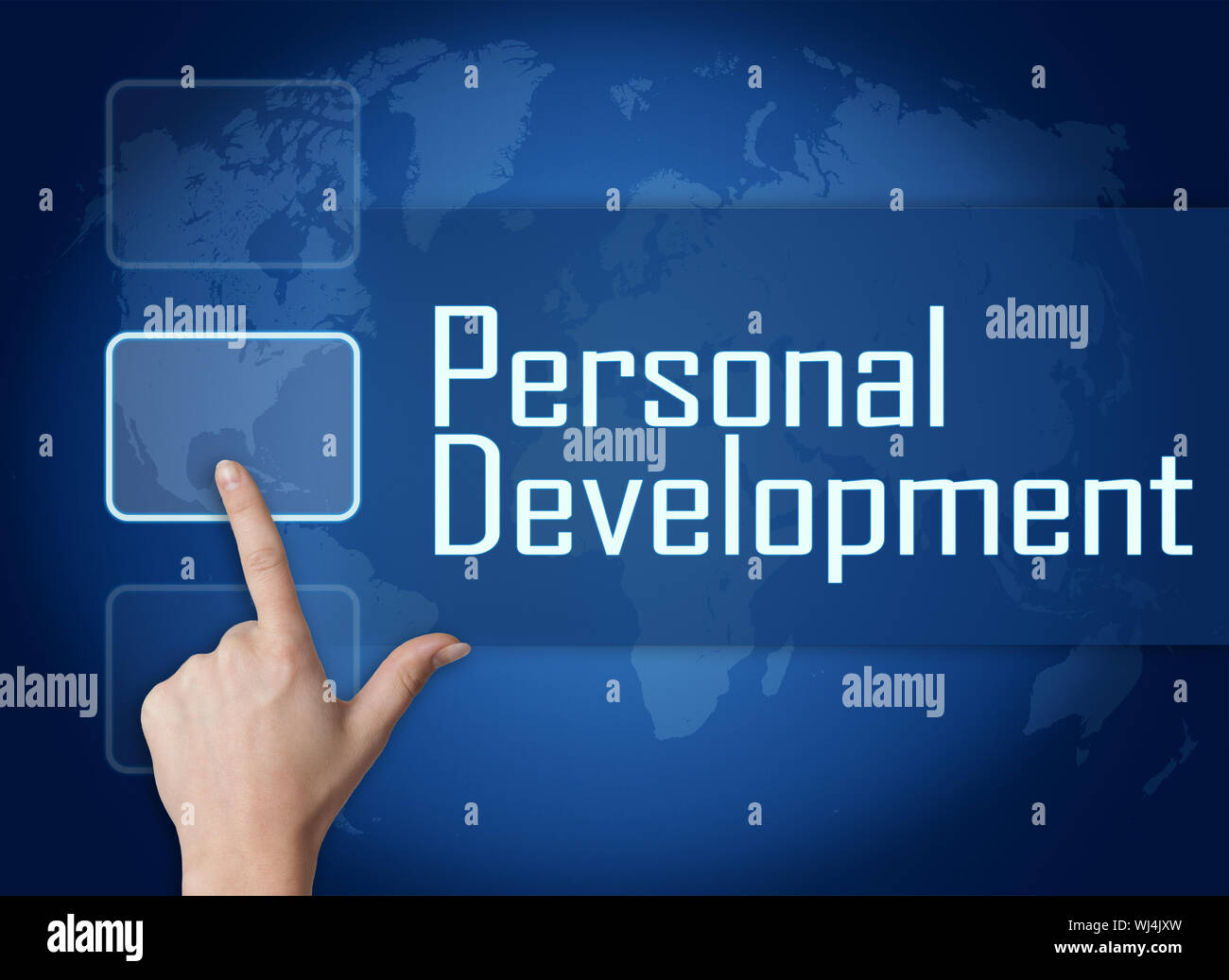 Personal Development concept with interface and world map on blue ...
