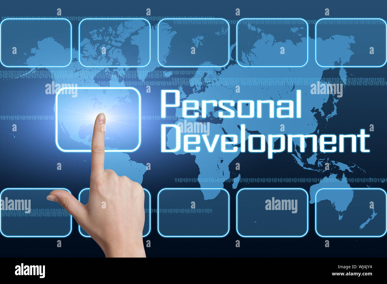 Personal Development concept with interface and world map on blue ...