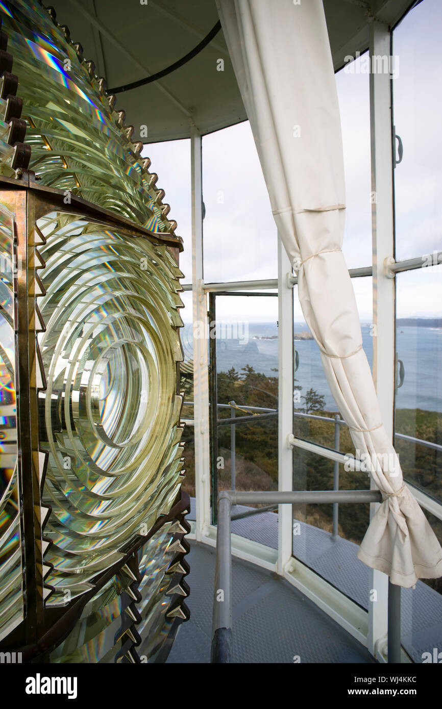 Spinning Fresnel Lens housing in Cape Blanco Lighthouse tower Stock ...