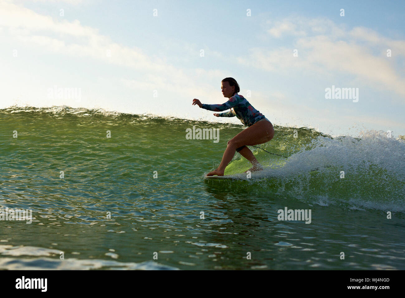 Female surfer riding ocean wave Stock Photo - Alamy