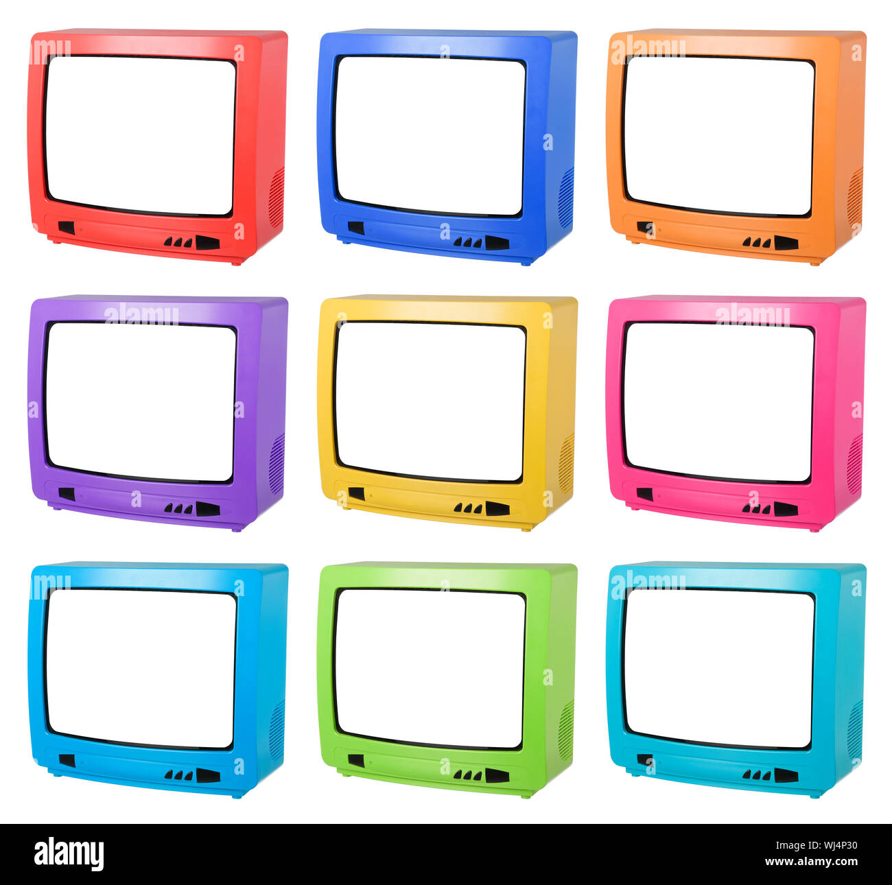 Collage of colored TV isolated on white background Stock Photo - Alamy