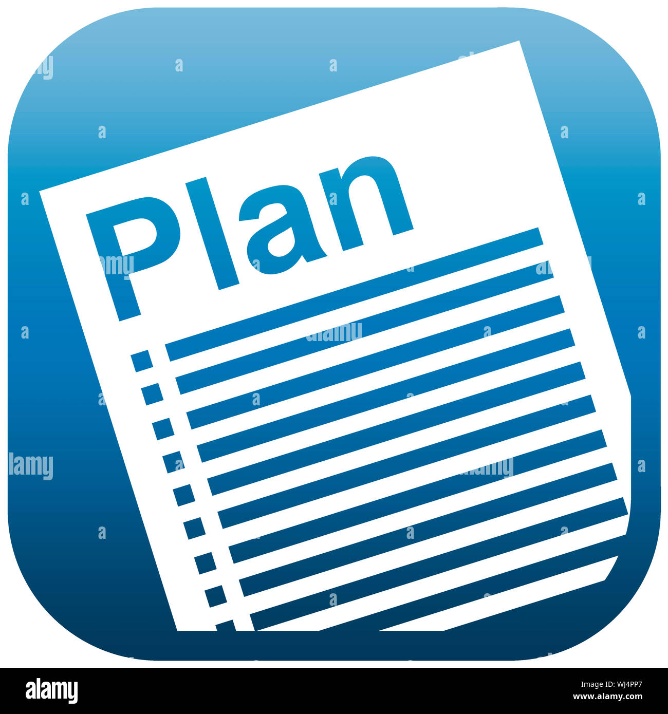 Blue white icon illustration of a document with heading "Plan" and ...