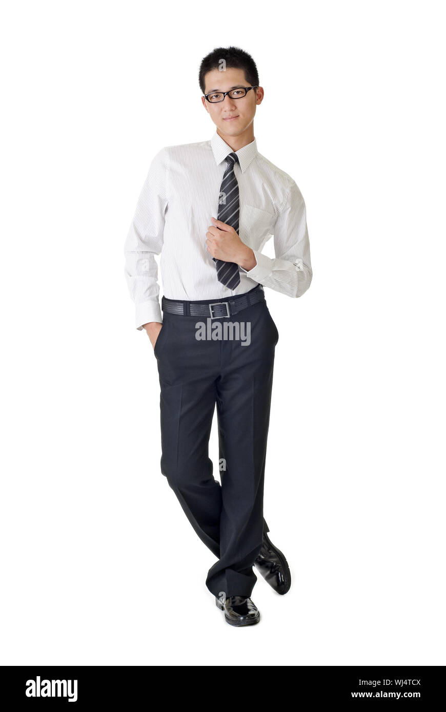Smart young businessman standing, full length portrait of Asian ...