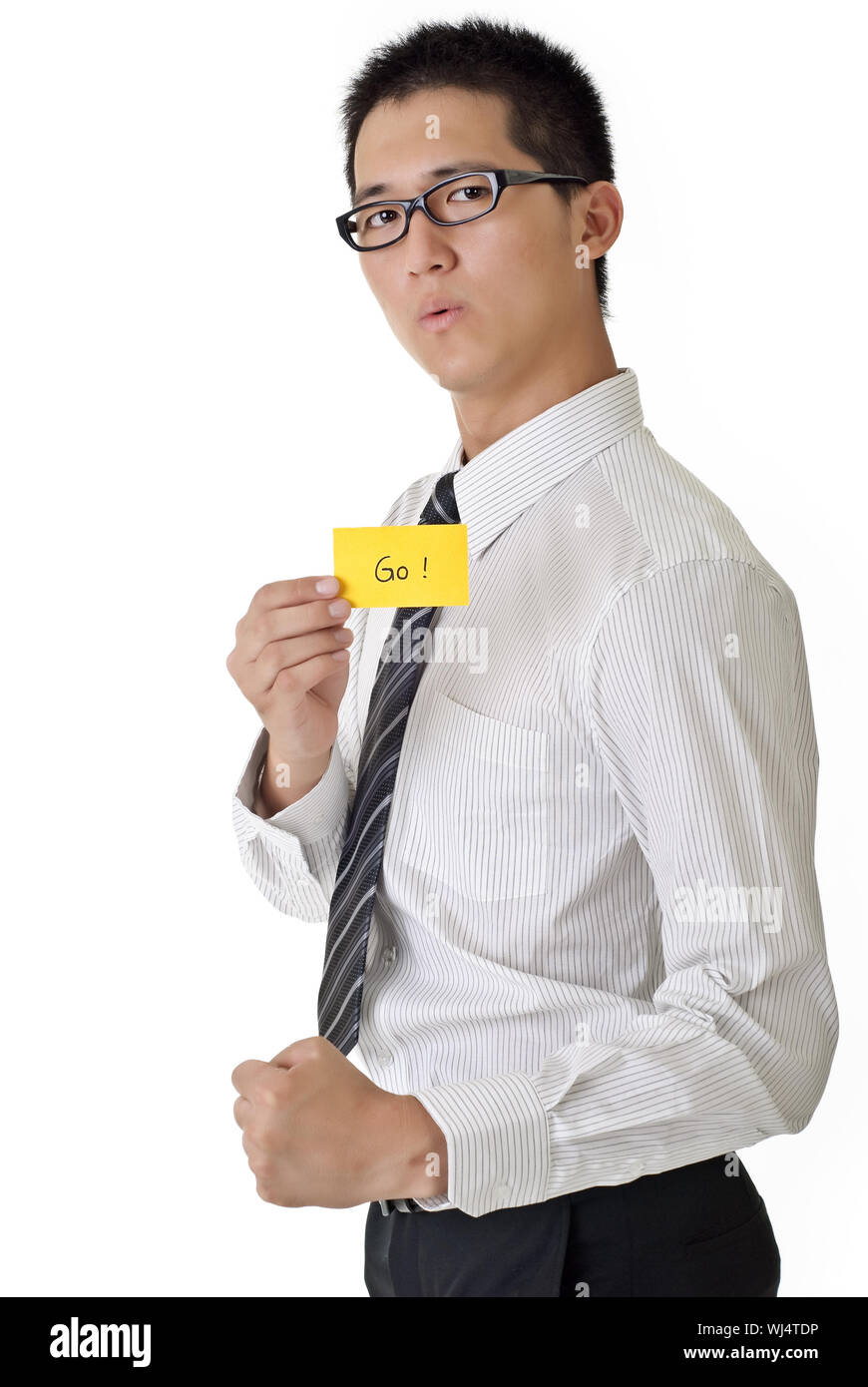 Business man say go and holding yellow card, closeup portrait of Asian ...