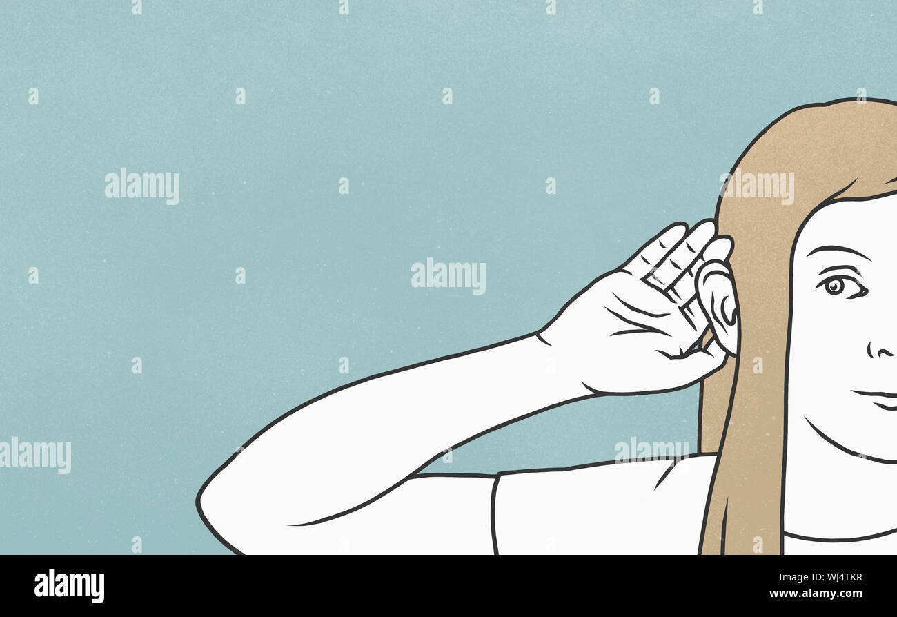 Curious woman eavesdropping, cupping ear with hand Stock Photo - Alamy