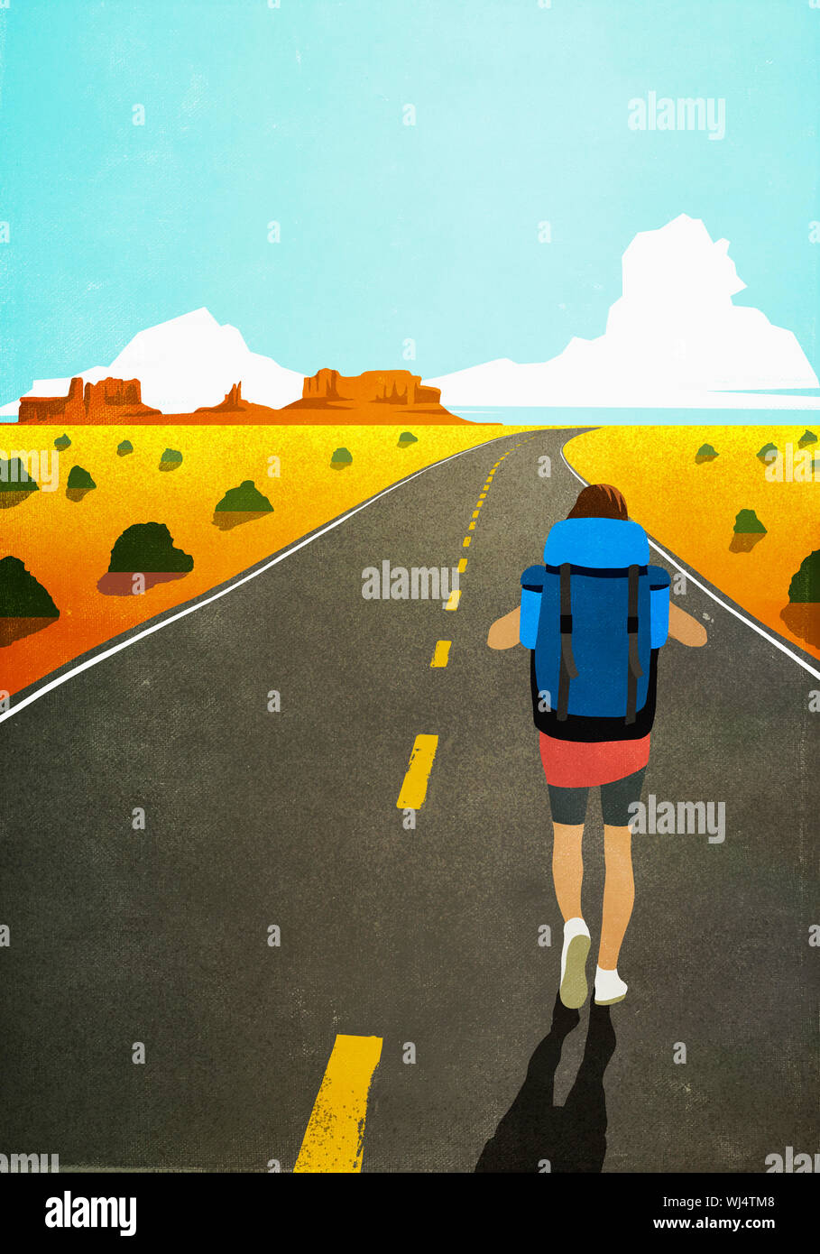 Female backpacker walking on remote, arid desert road Stock Photo - Alamy