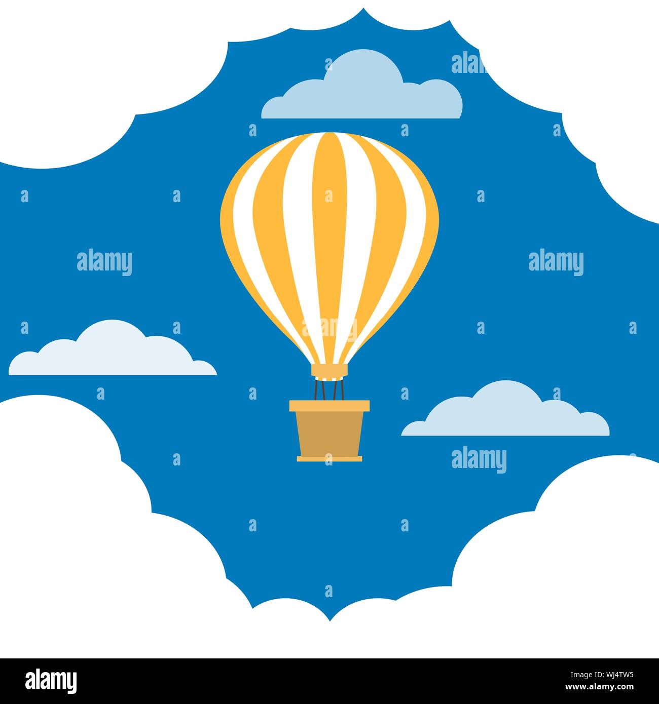Hot air balloon with basket is flying. Balloon dome with white and ...
