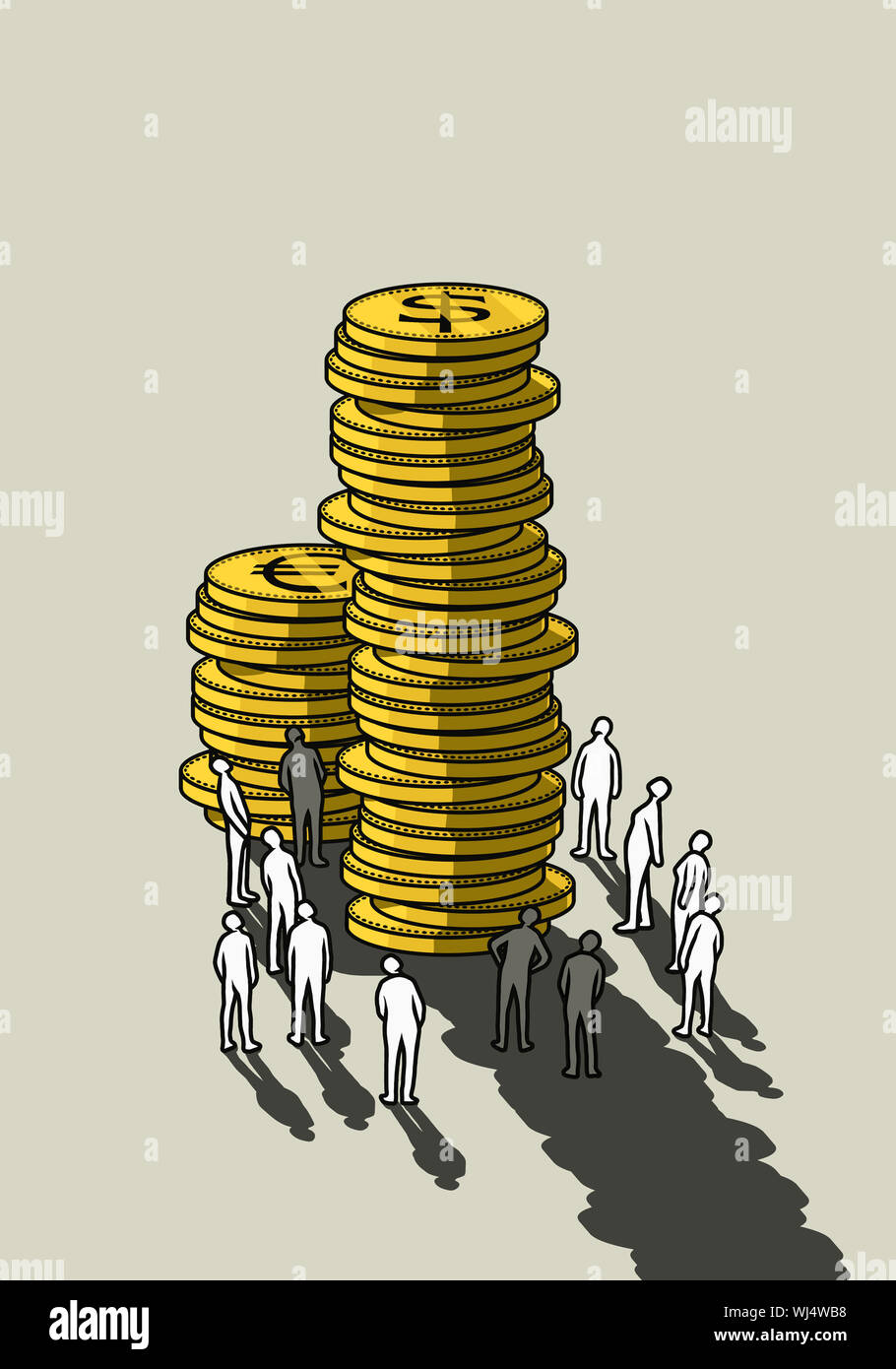 People looking up at tall stacks of coins Stock Photo - Alamy