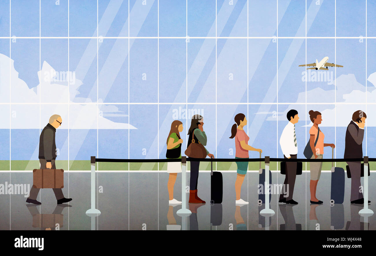 People waiting in queue at airport security Stock Photo - Alamy