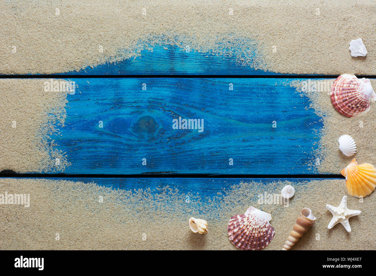 Vacation border with yellow sand, colorful seashells and starfish on ...