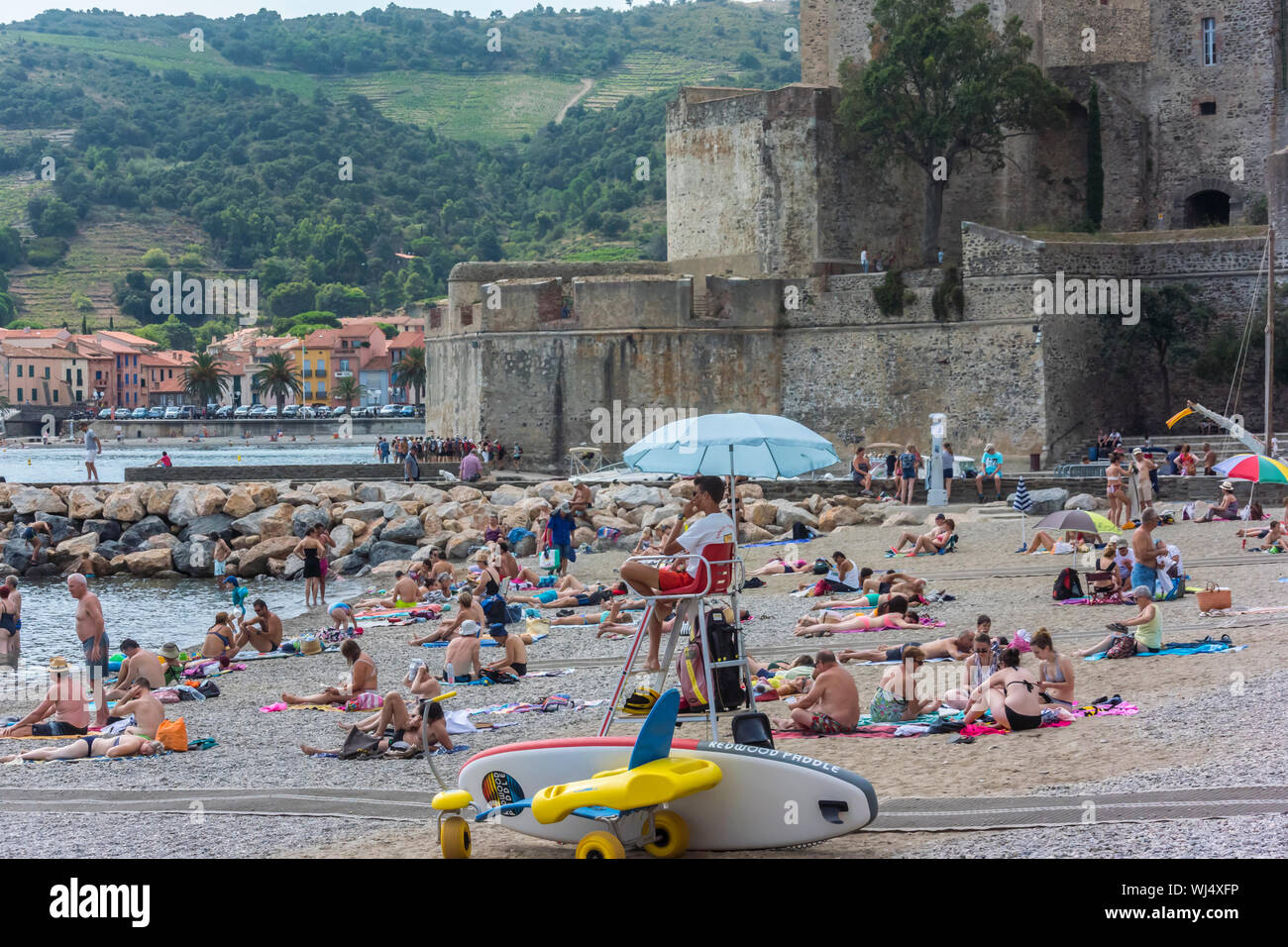 Crowd Scene of Tourists on Beach in Collioure, France, a commune in the ...