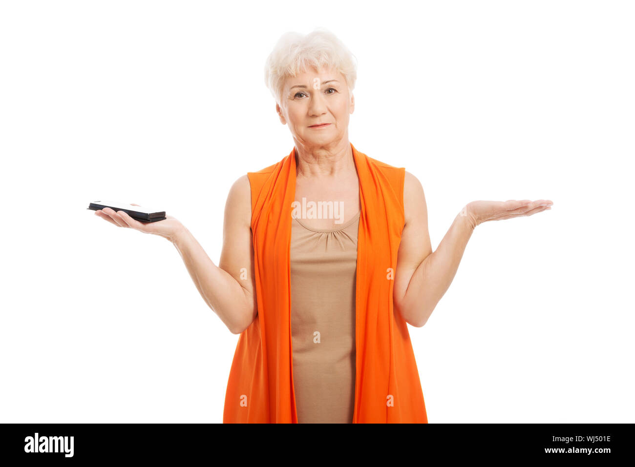 An old lady using mobile phone. Isolated on white Stock Photo - Alamy