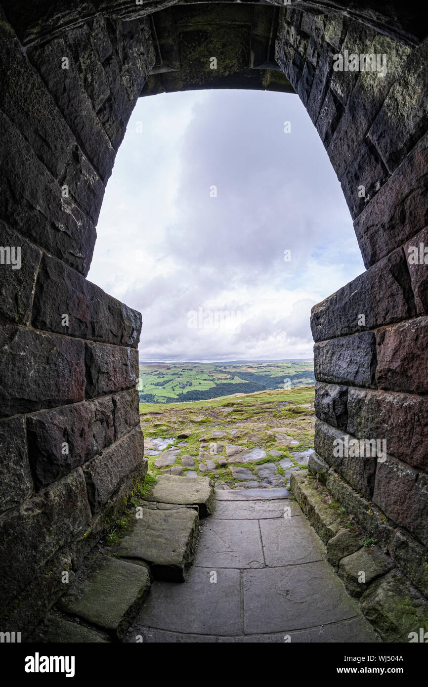 Inside Stoodley Pike, on the Pennine way, Calderdale, stands above the ...