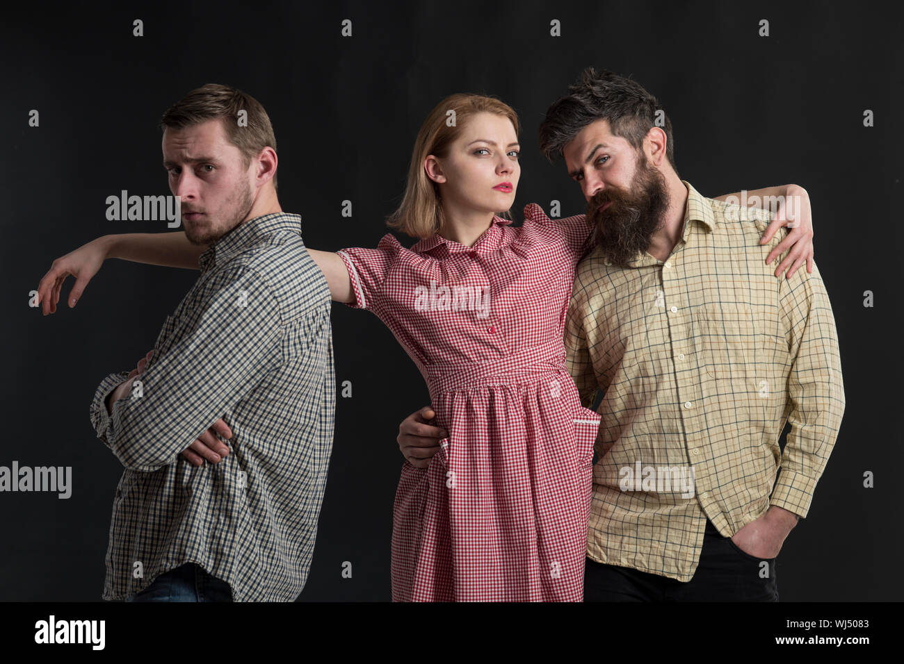 Company of confident people, friends. Love triangle concept. Relations ...