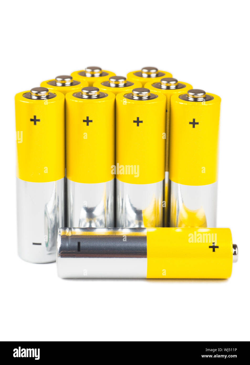 A row of yellow batteries isolated over white background Stock Photo ...