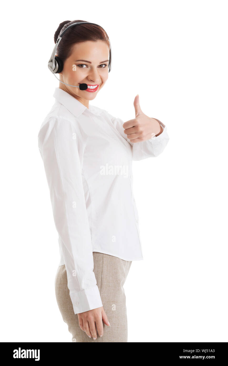 Beautiful woman on call center, showing OK. Islated on white Stock ...