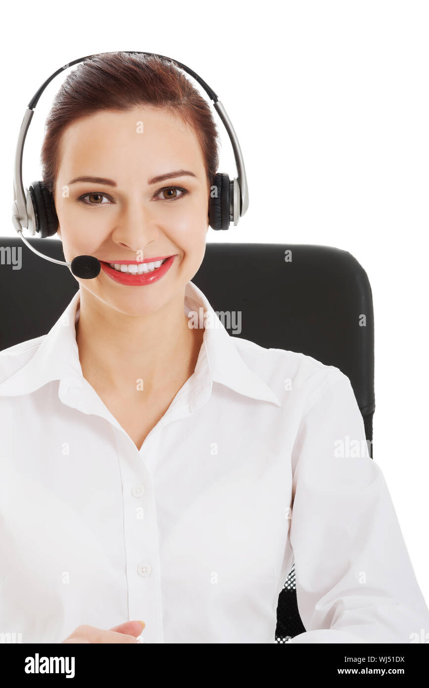Beautiful woman sitting with microphone and headphones. Isolated on ...