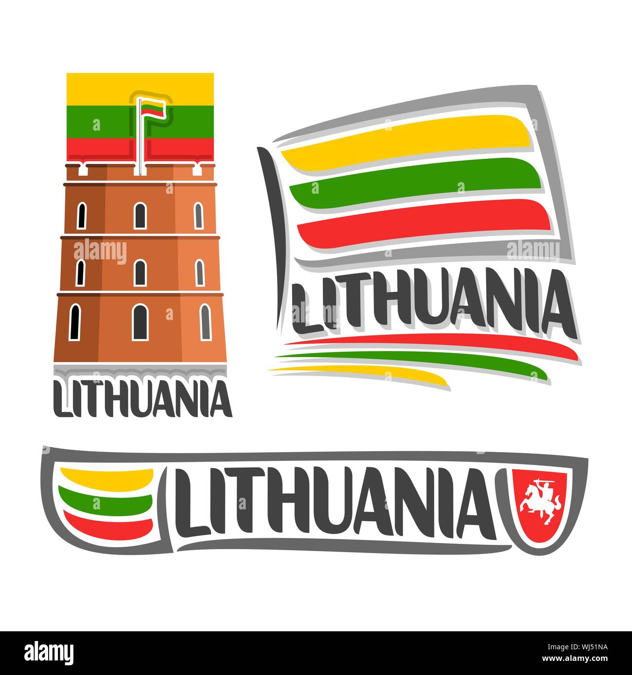 Vector logo for Lithuania, 3 isolated illustrations: Gediminas Tower on ...