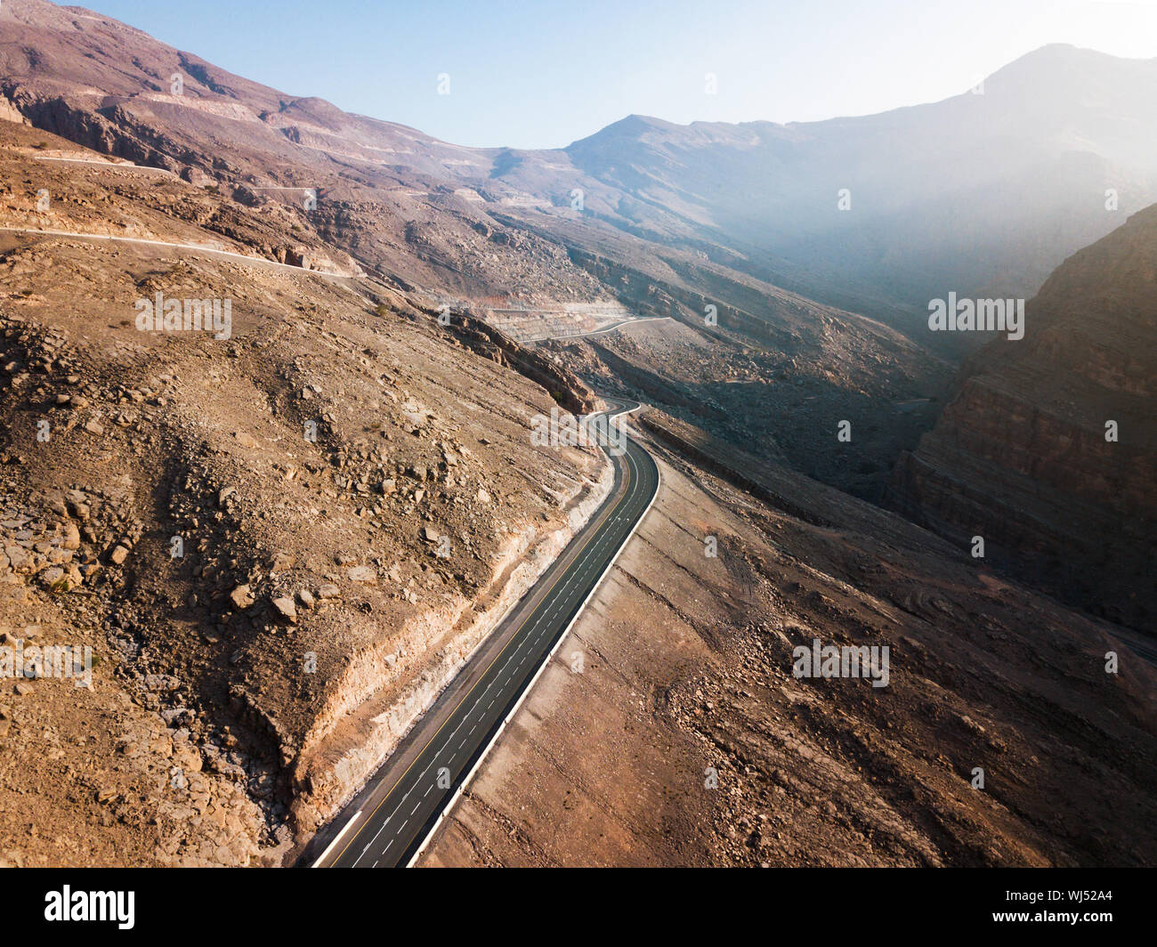 Desert road on the Jebel Jais mountain in the UAE aerial view Stock ...