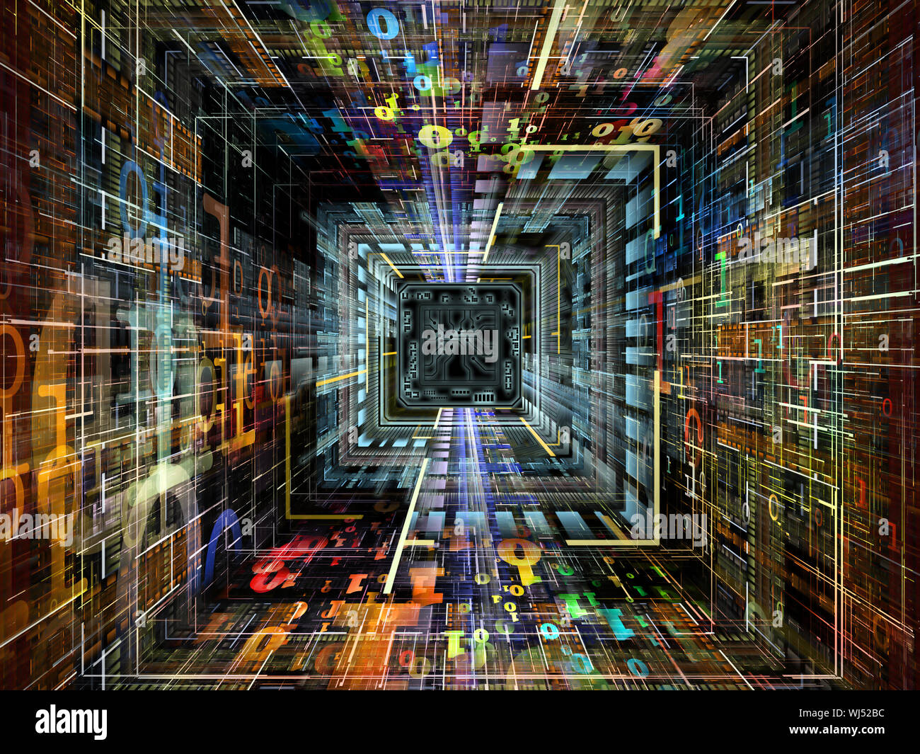 Number Tunnel series. Backdrop of CPU chip, colorful numbers and ...
