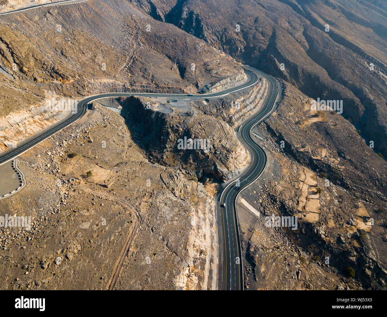 Desert road on the Jebel Jais mountain in the UAE aerial view Stock ...