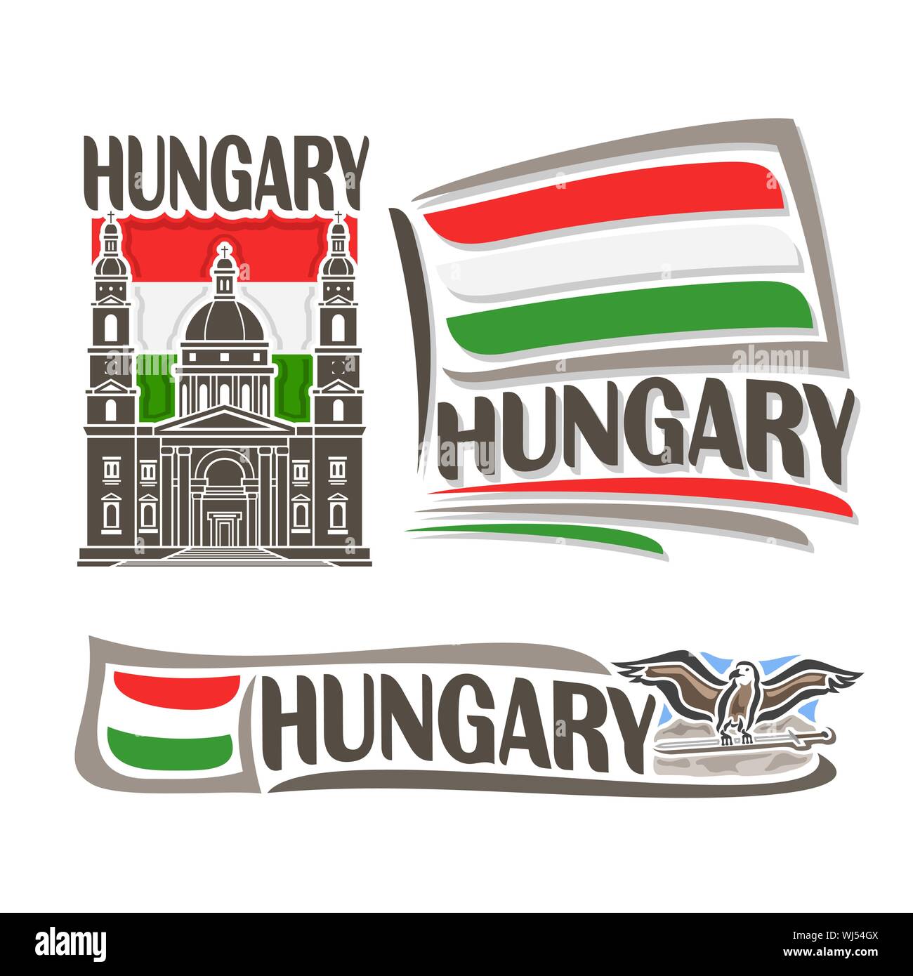 Vector logo for Hungary, consisting of 3 isolated illustrations: St ...