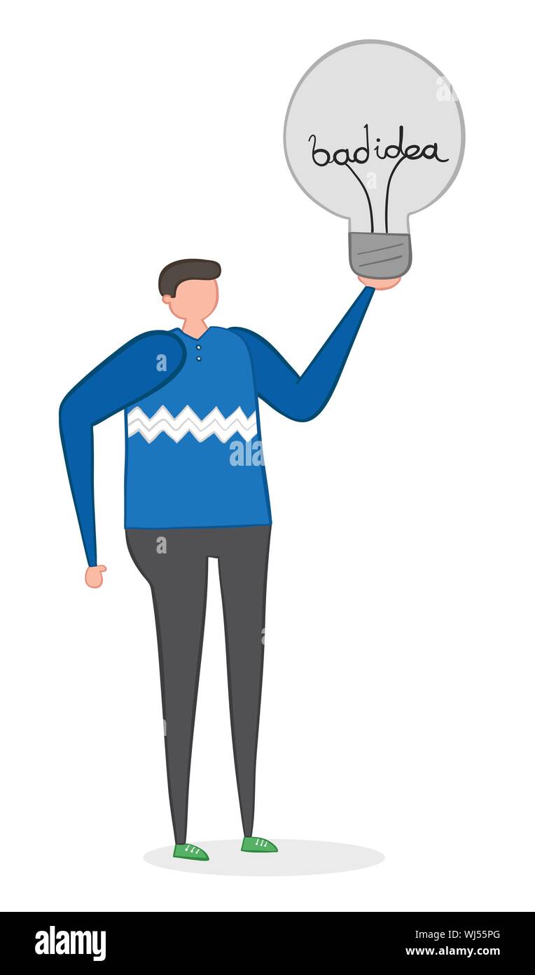 Vector illustration man holding bad idea light bulb. Hand drawn ...
