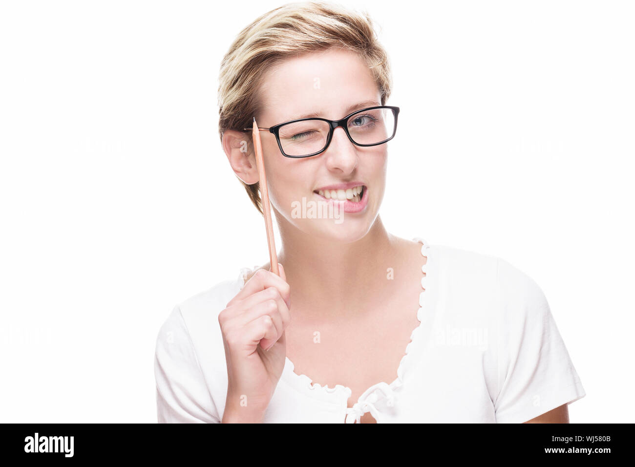 cute woman thinking with a pencil on white background Stock Photo - Alamy