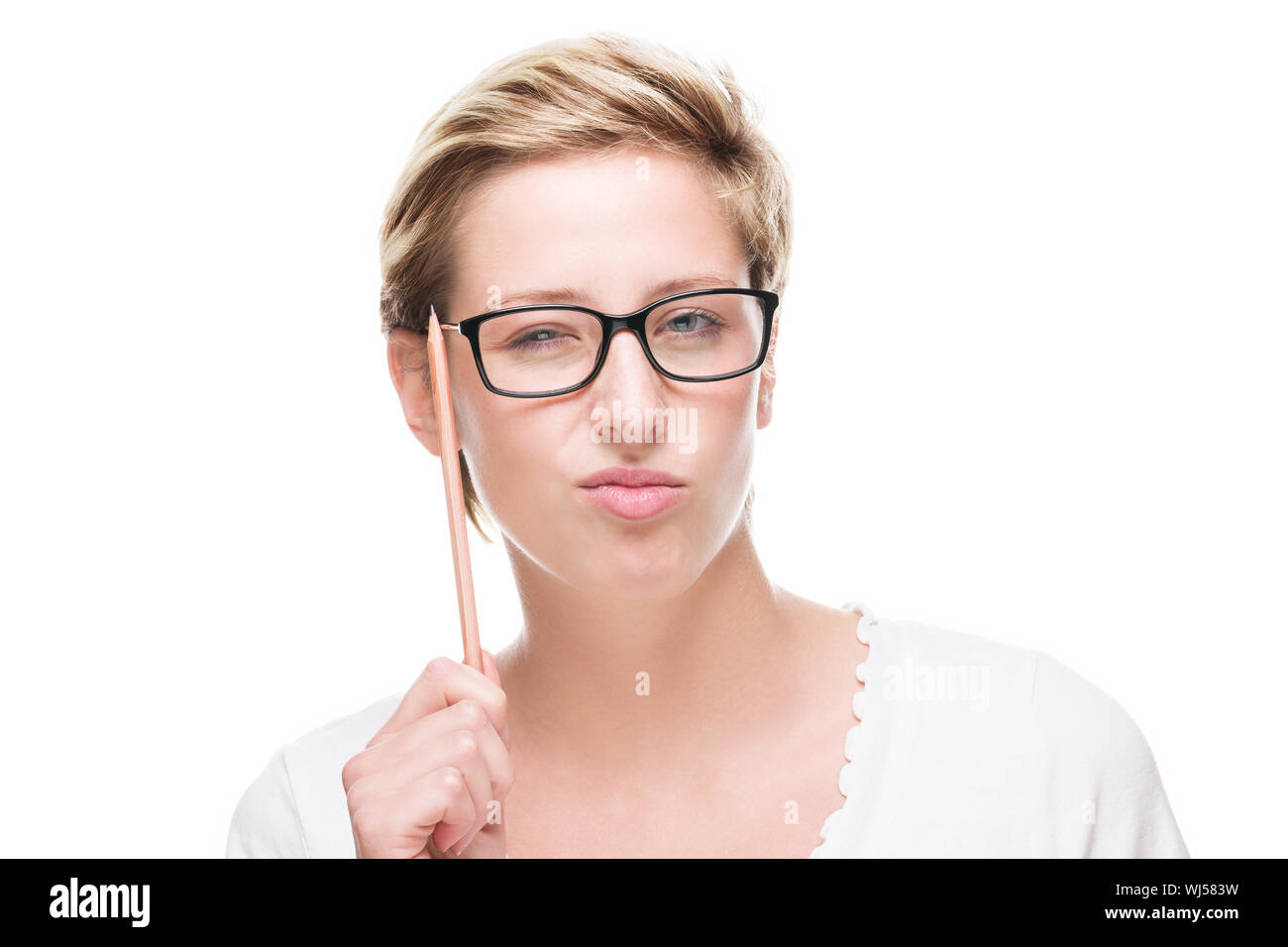 woman is thinking with a pencil scratching her head on white background ...