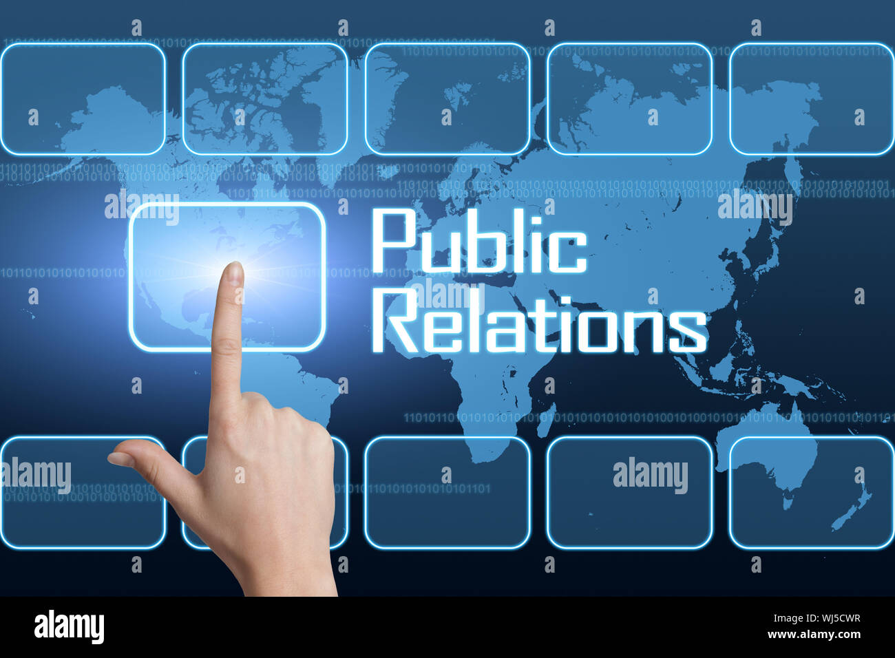 Public Relations concept with interface and world map on blue ...