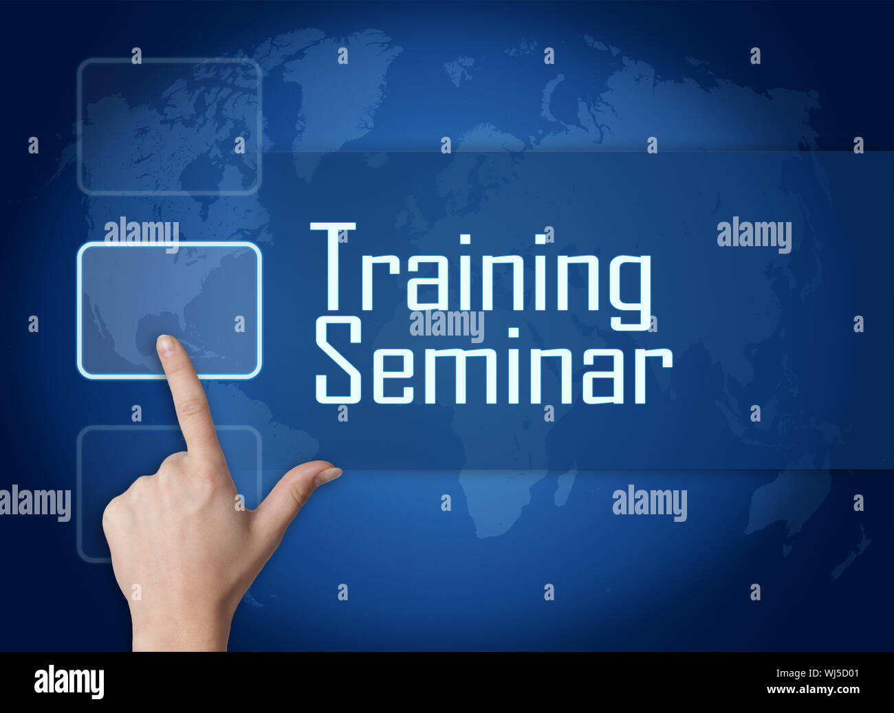 Training Seminar concept with interface and world map on blue ...