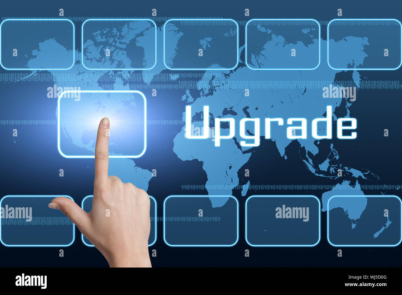 Upgrade concept with interface and world map on blue background Stock ...