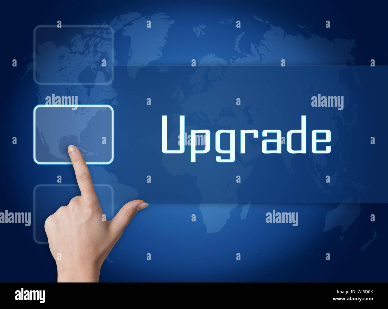 Upgrade concept with interface and world map on blue background Stock ...