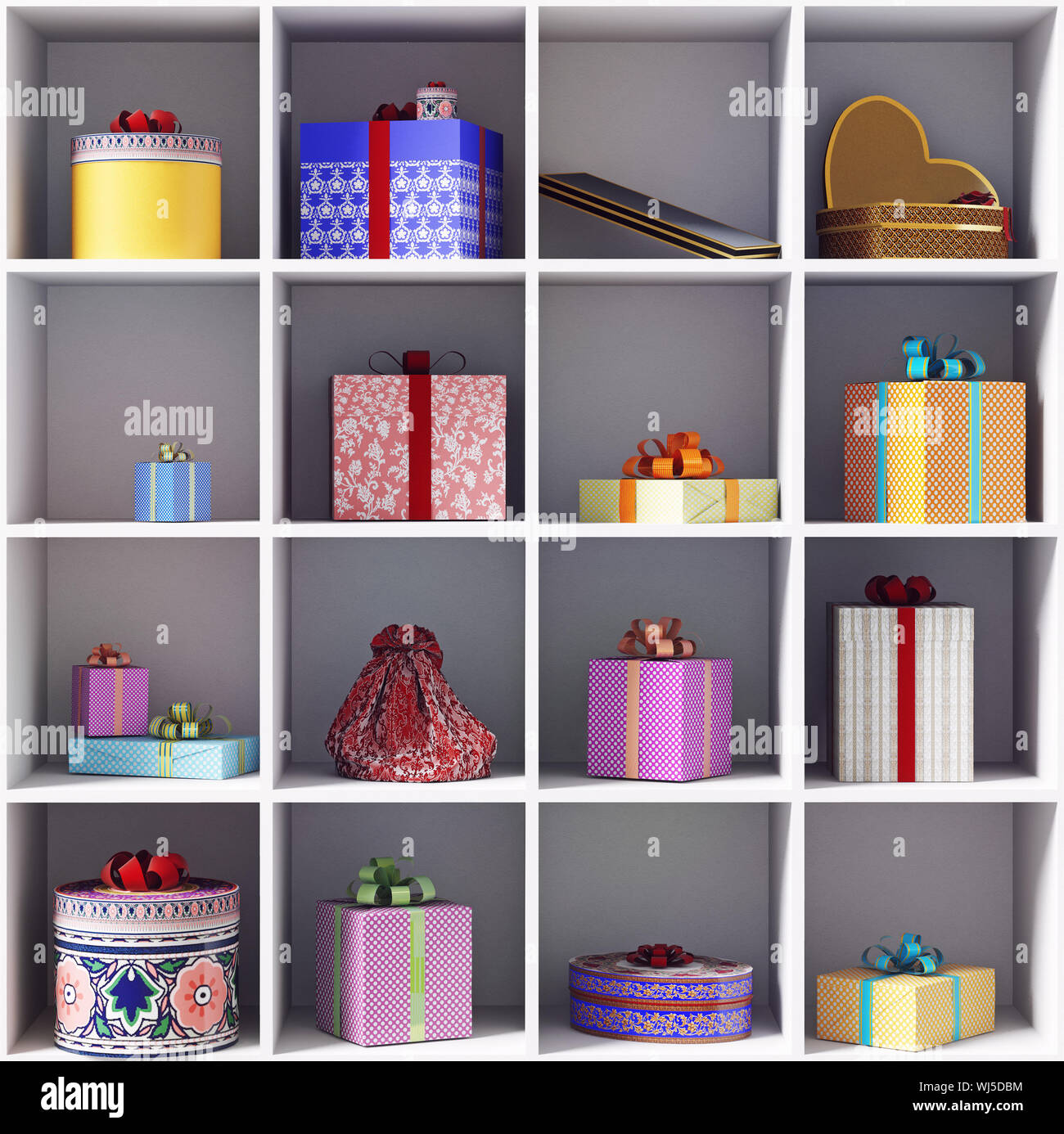 set of gift boxes on she shelves Stock Photo - Alamy