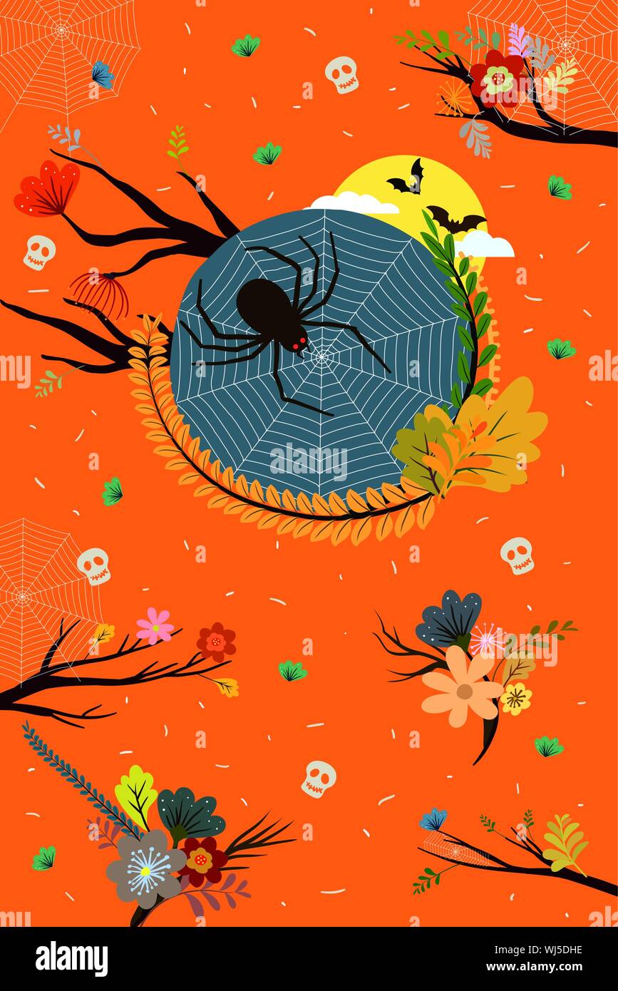 Halloween spider design on orange background and flower pattern. vector ...