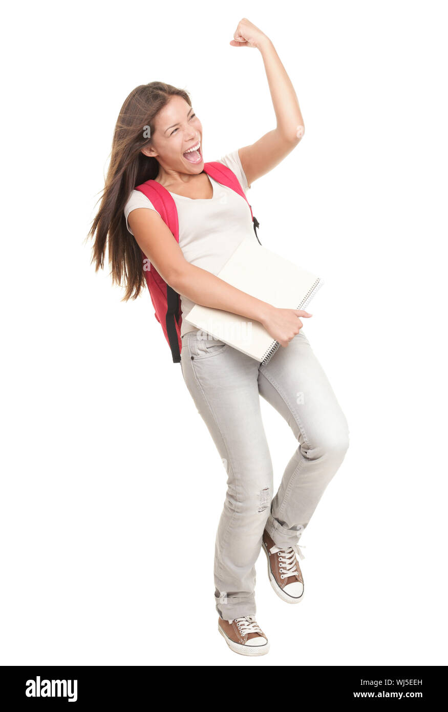 Happy woman college student winner celebrating isolated on white ...