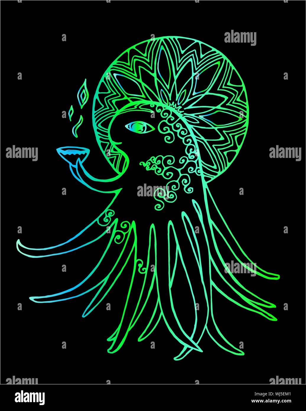 Gradient color illustration of a fantastic octopus with a bowl Stock ...