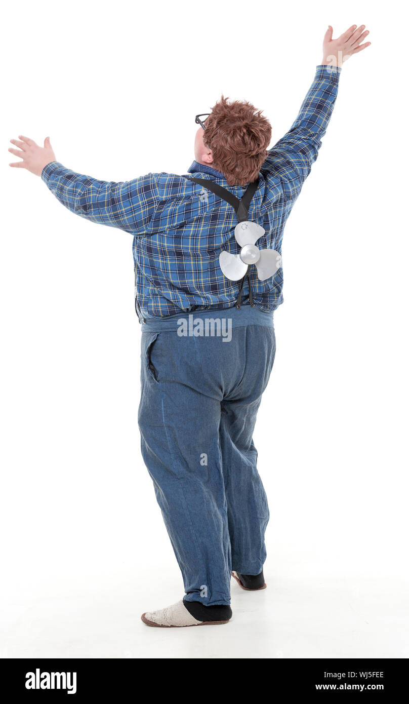Overweight obese young man standing with his back arched and arms ...
